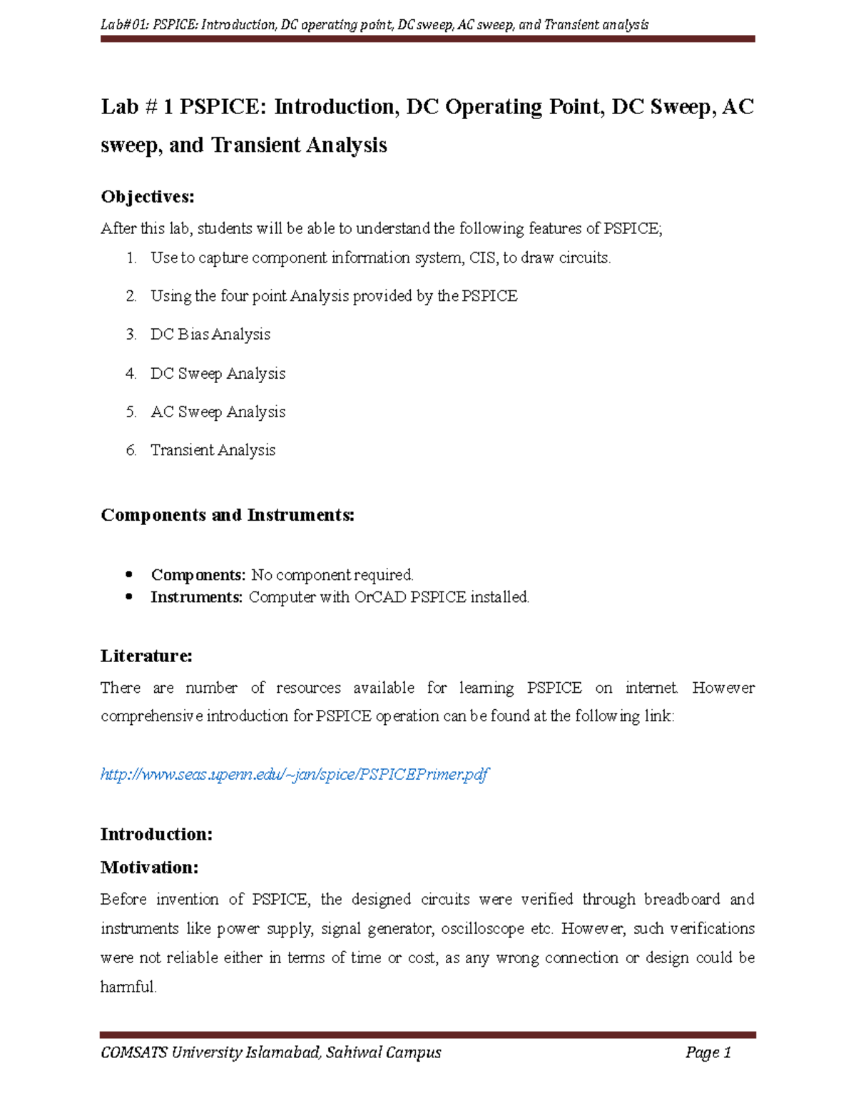 Experiment No 01 - Lecture notes 3 - Lab#01: PSPICE: Introduction, DC ...