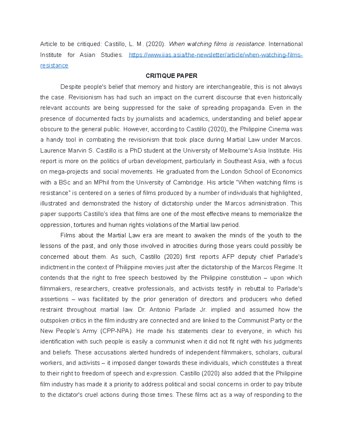 Critique paper - Grade: B - Article to be critiqued: Castillo, L. M ...