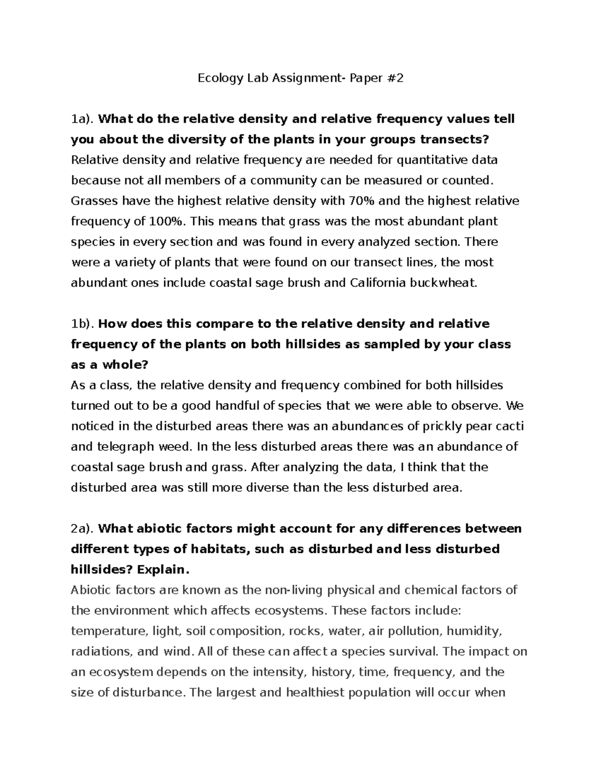 Ecology Lab Assignment - BIOL 1 - Mt. SAC - Studocu