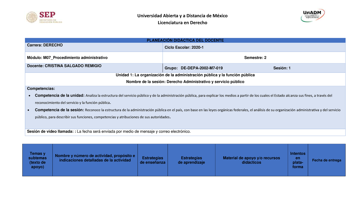Planeación Didáctica del Docente M7 S1 [2020] - Warning: TT: undefined function: 32 Licenciatura ...