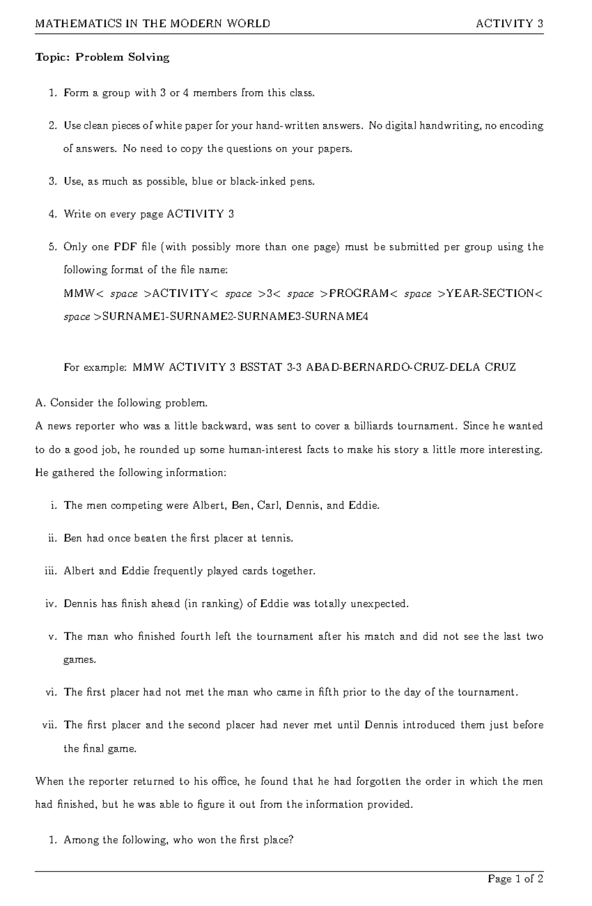 MMW Activity 3 - MATHEMATICS IN THE MODERN WORLD ACTIVITY 3 Topic ...