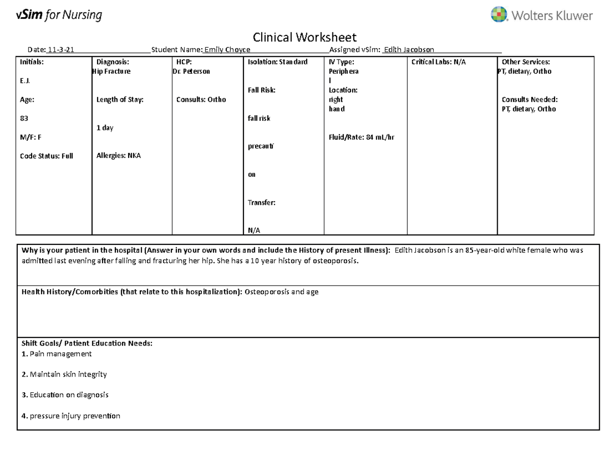 Edith Jacobson clinical worksheet - Date: 11-3-21 Student Name: Emily ...