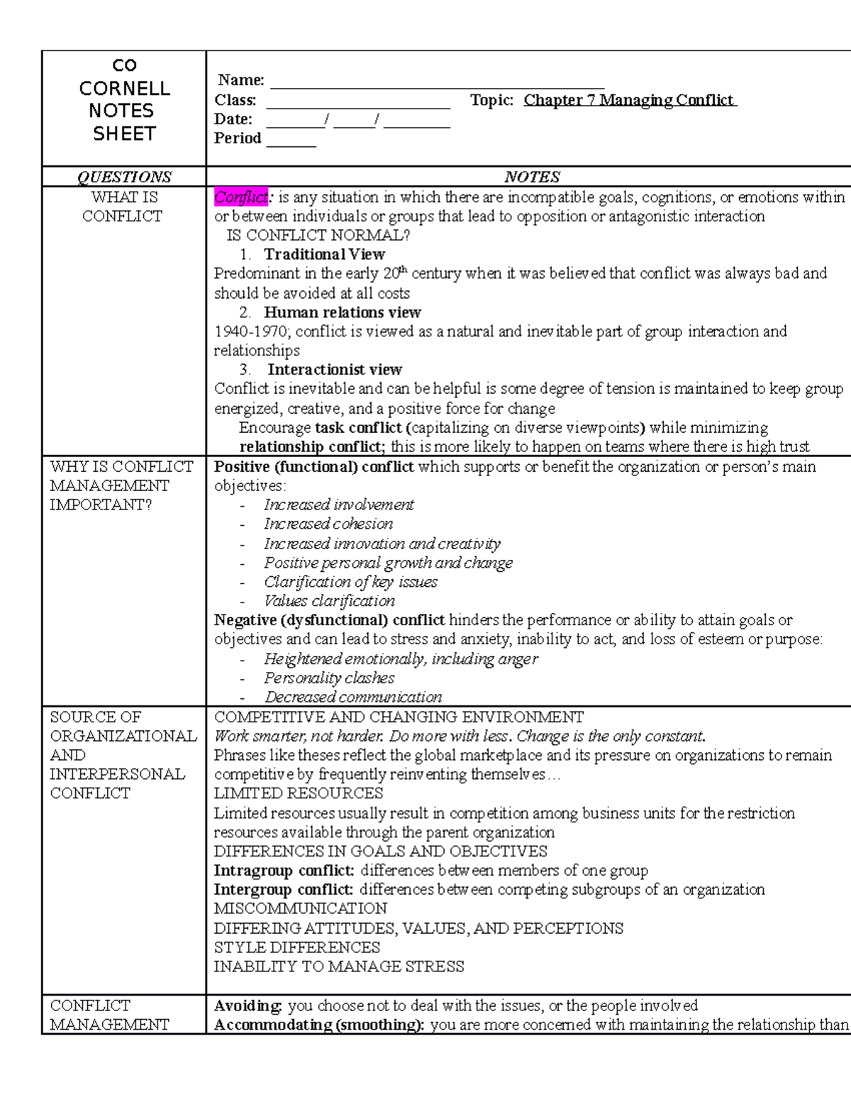 Chapter 7 Managing Conflict - co CORNELL NOTES SHEET Name
