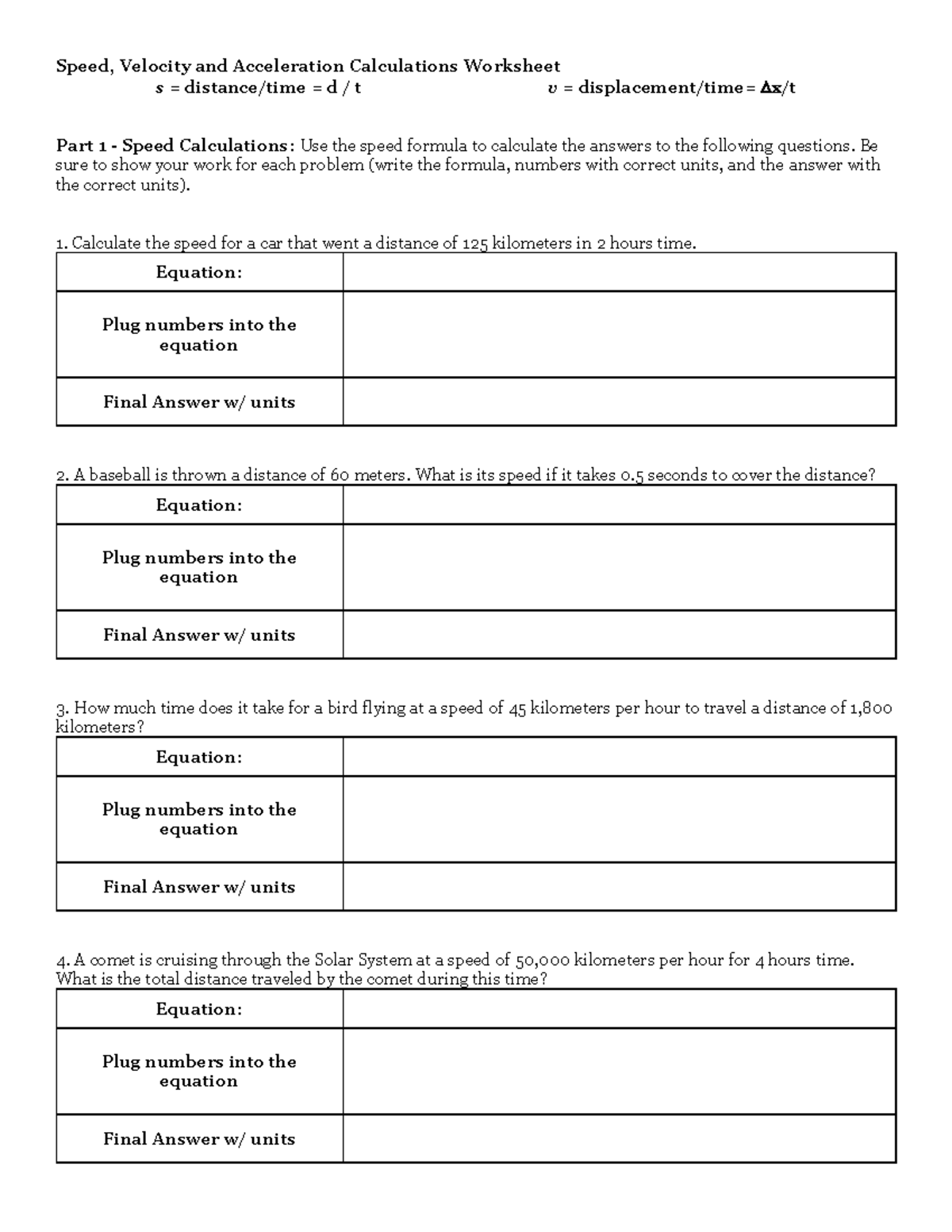 Tyshawn Thomas - Speed Velocity Acceleration Worksheet Blank - Speed ...