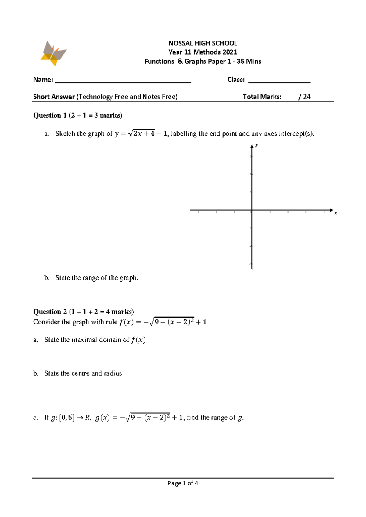MM12 Functions and Graphs Test 2021 - Tech Free - v3 - NOSSAL HIGH ...