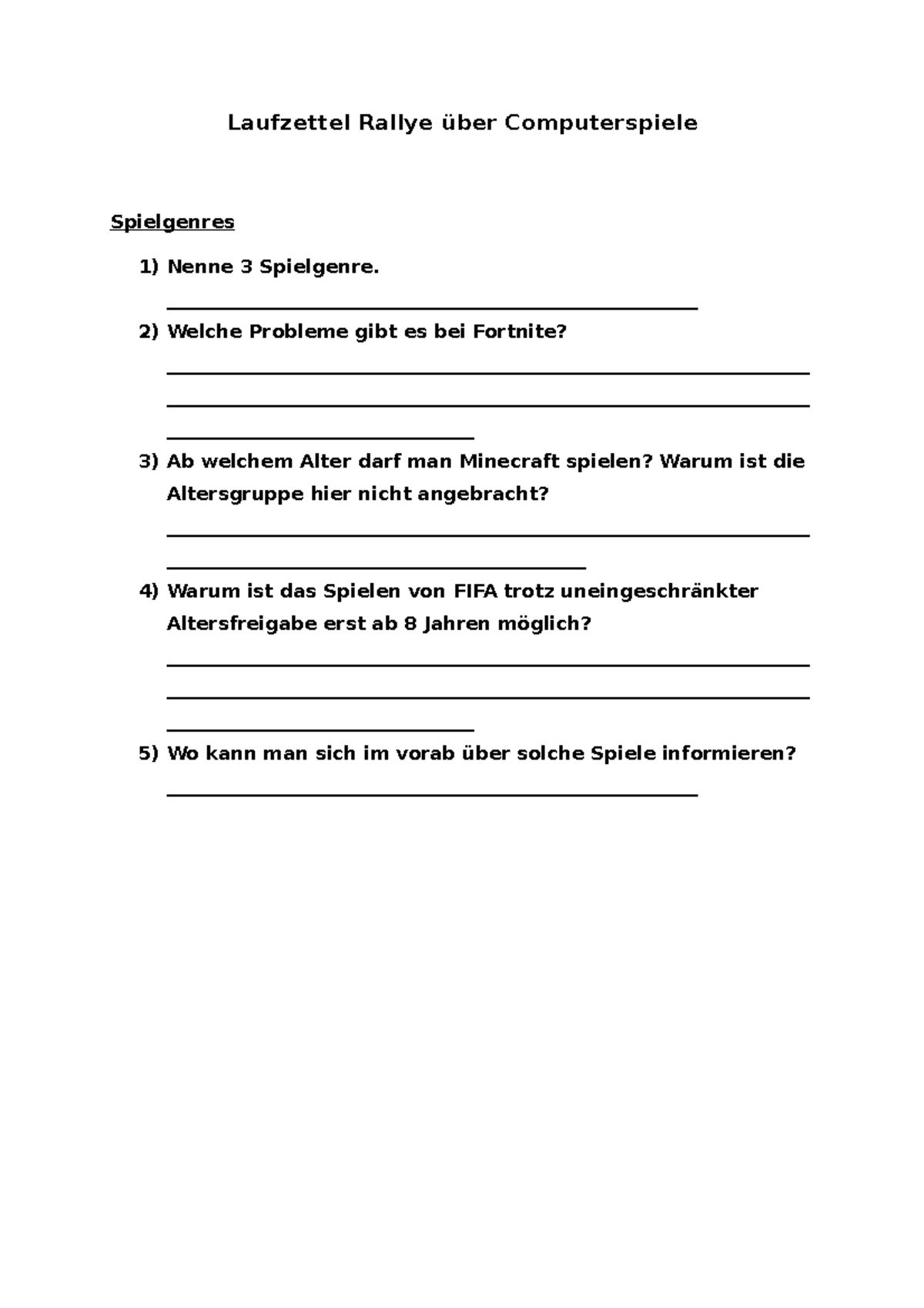 Arbeitsblatt Thema Medien - Rallye Laufzettel Onlinespiele - Laufzettel ...