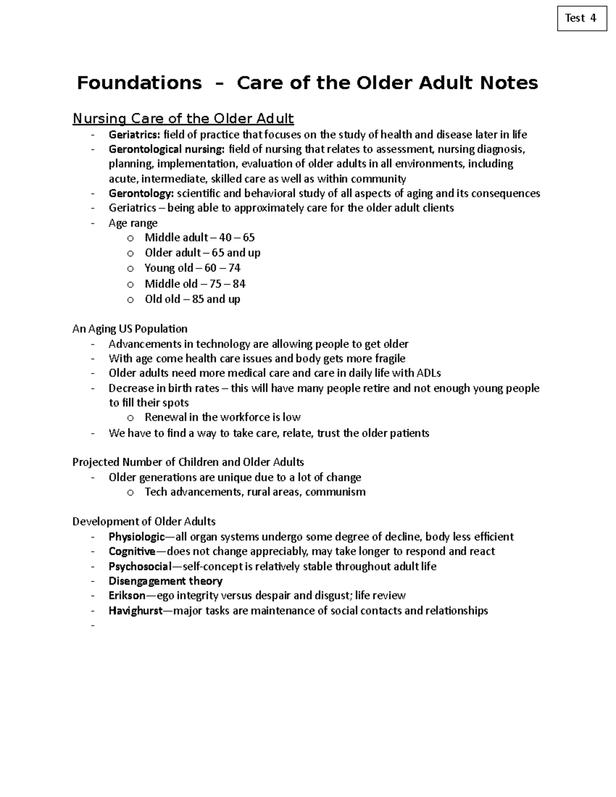 Notes - Test 4 - Care of the Older Adult - Foundations – Care of the ...