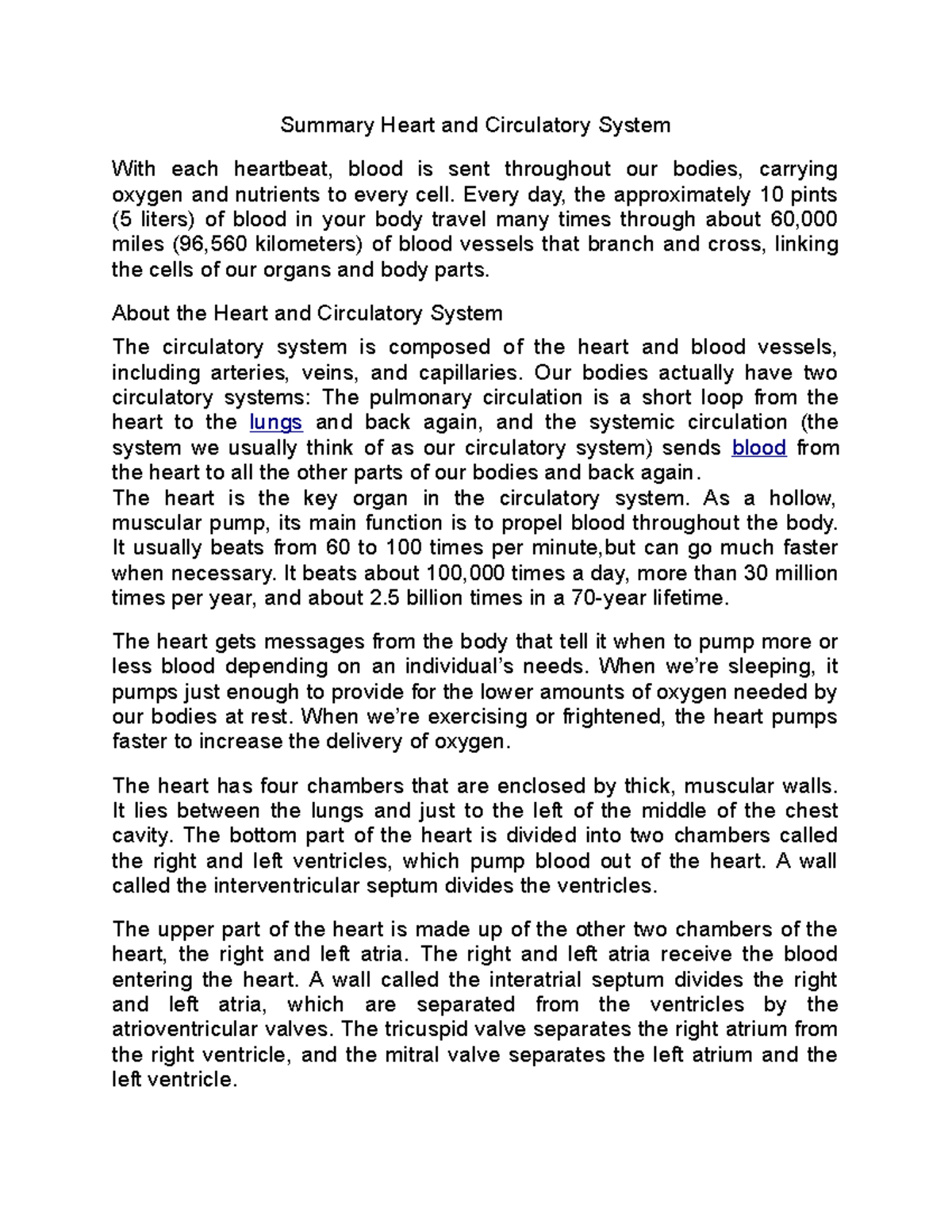 Summary Heart and Circulatory System final - Summary Heart and ...