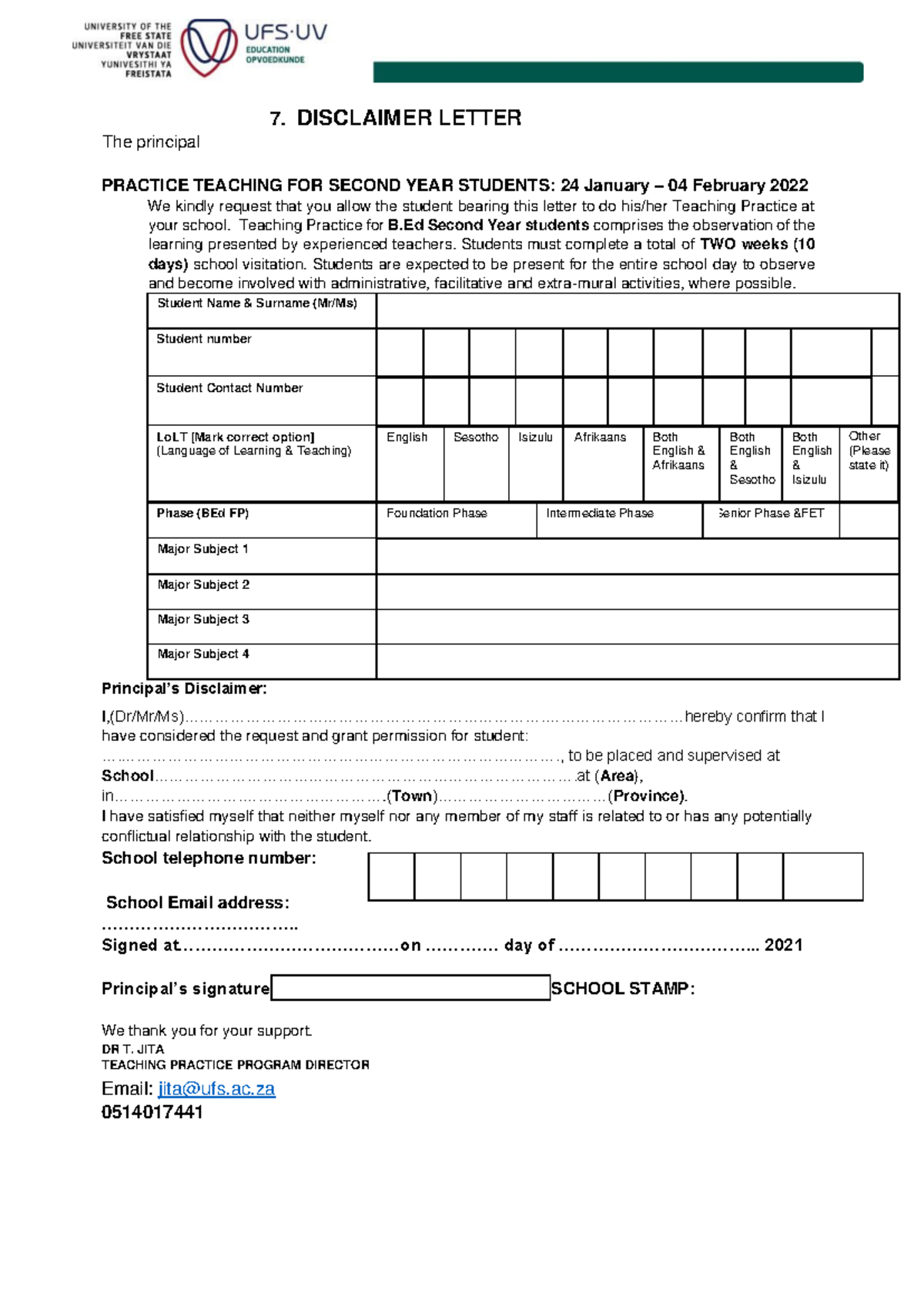 YEAR2 Teaching Practice Handbook 8Nov Updates - 7. DISCLAIMER LETTER ...