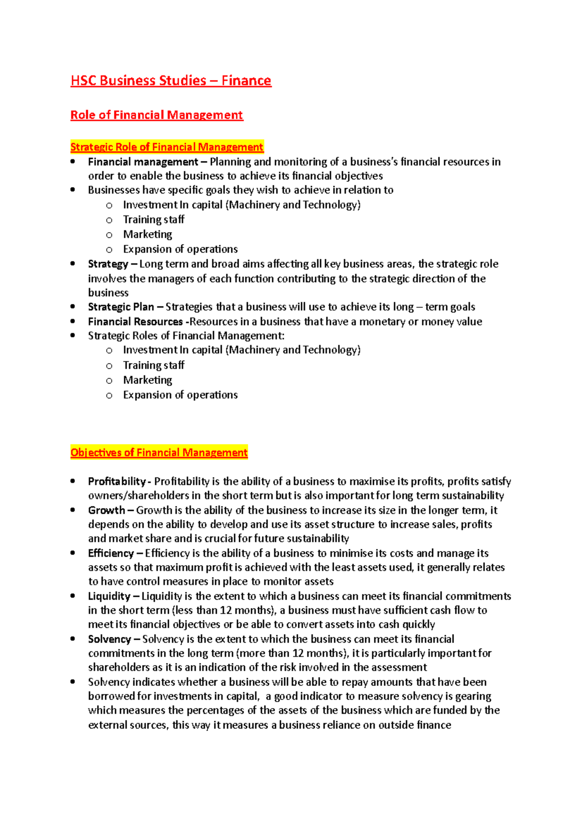 HSC Business Studies Finance - HSC Business Studies – Finance Role of ...