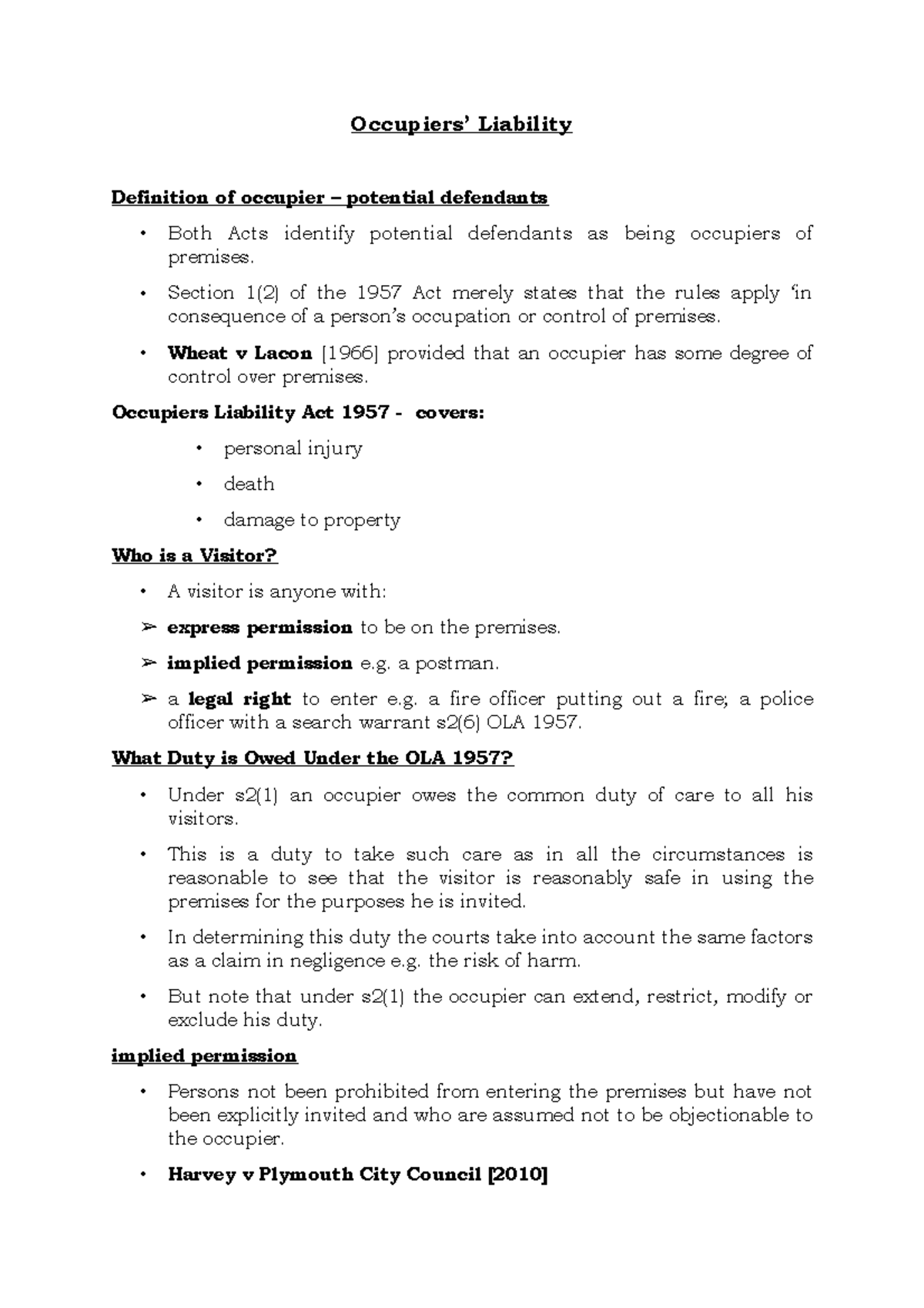 OLA Handout - Occupiers’ Liability Definition of occupier – potential ...