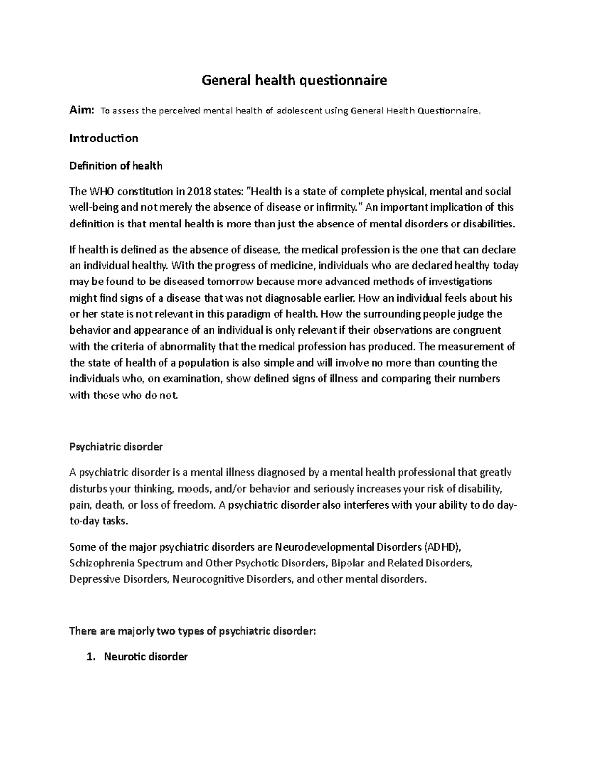 General health questionnaire - Introduction Definition of health The ...