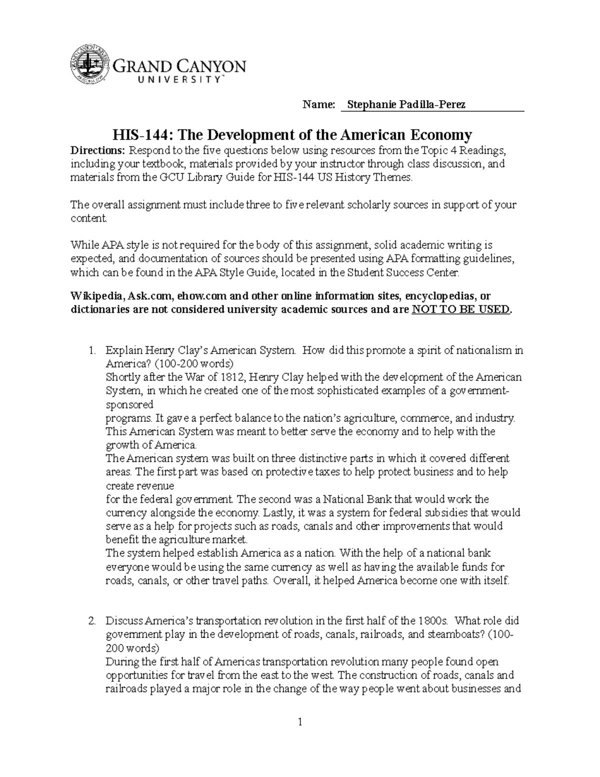 HIS-144 - History 144- The Development of The American Economy ...