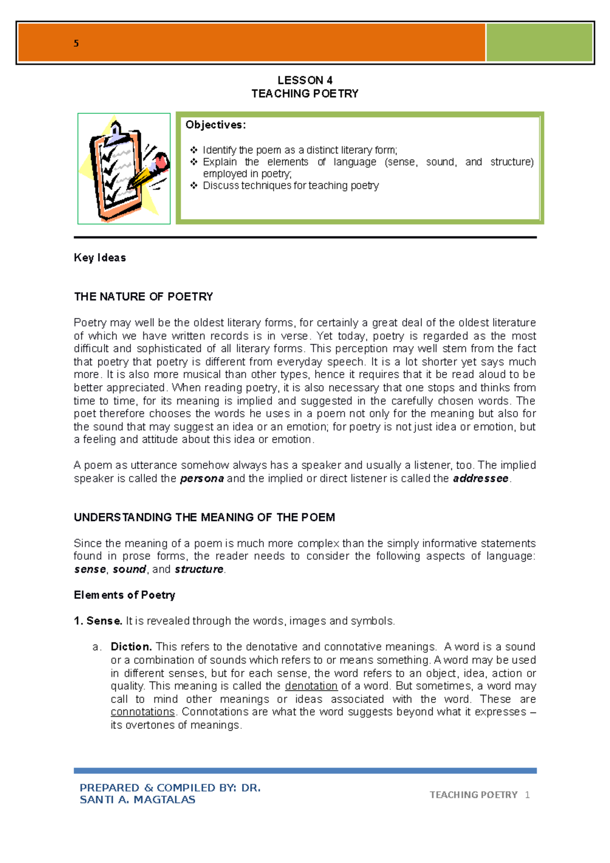 Lesson 4 Teaching Poetry - LESSON 4 TEACHING POETRY Objectives ...