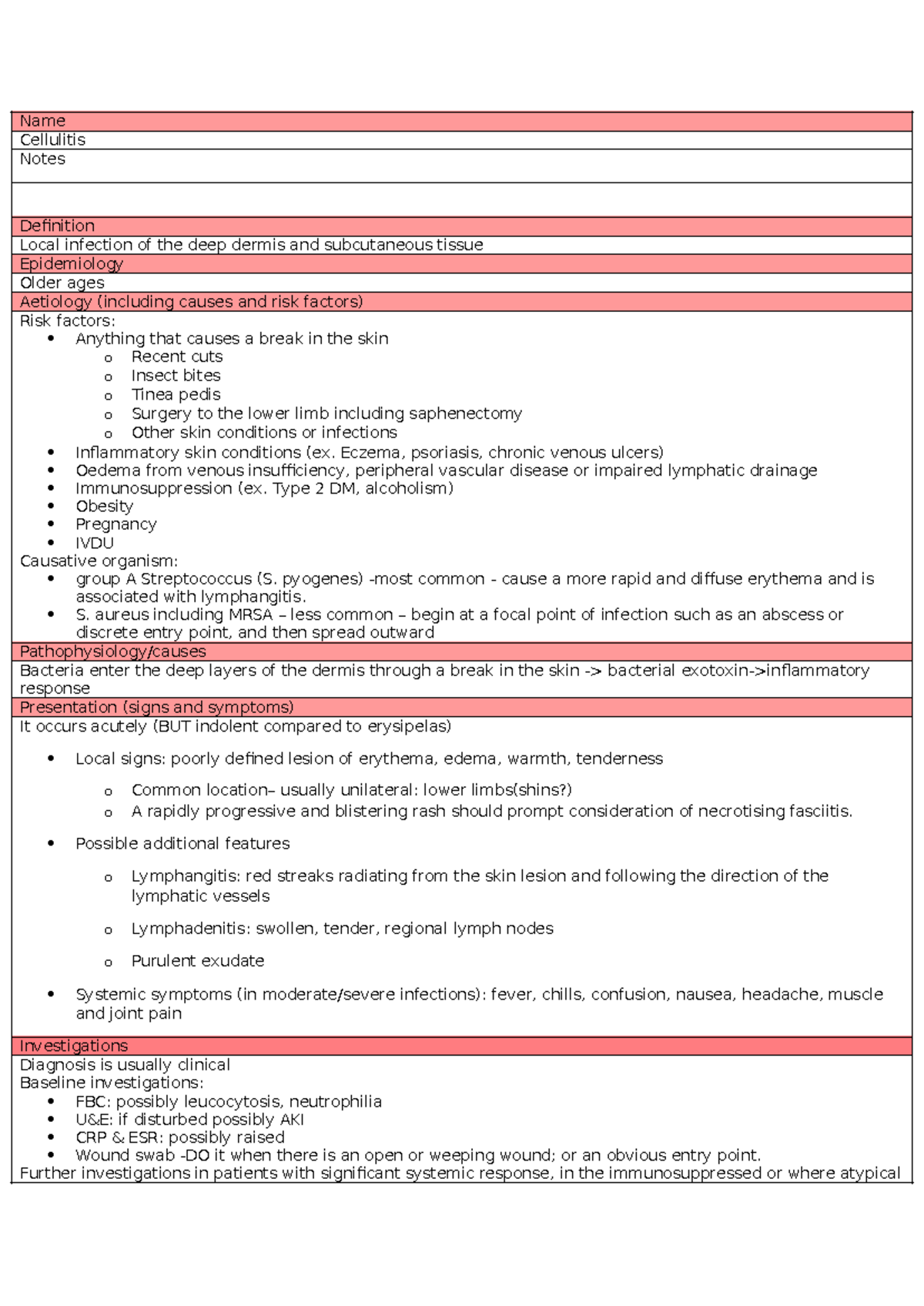 Cellulitis - Summary Medicine and Surgery - Name Cellulitis Notes ...