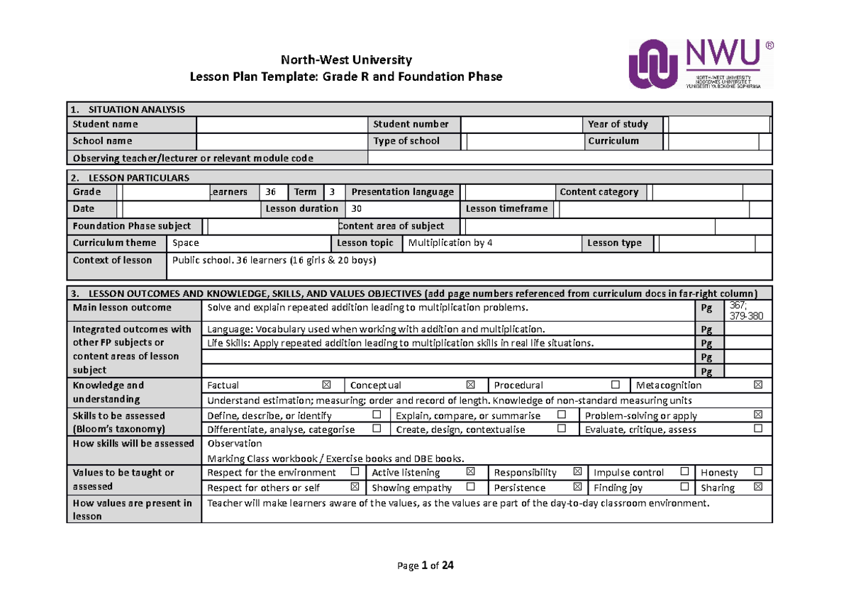 MFPC 121 Lesson plan - Foundation Phase - Whole numbers - 2023 - North ...