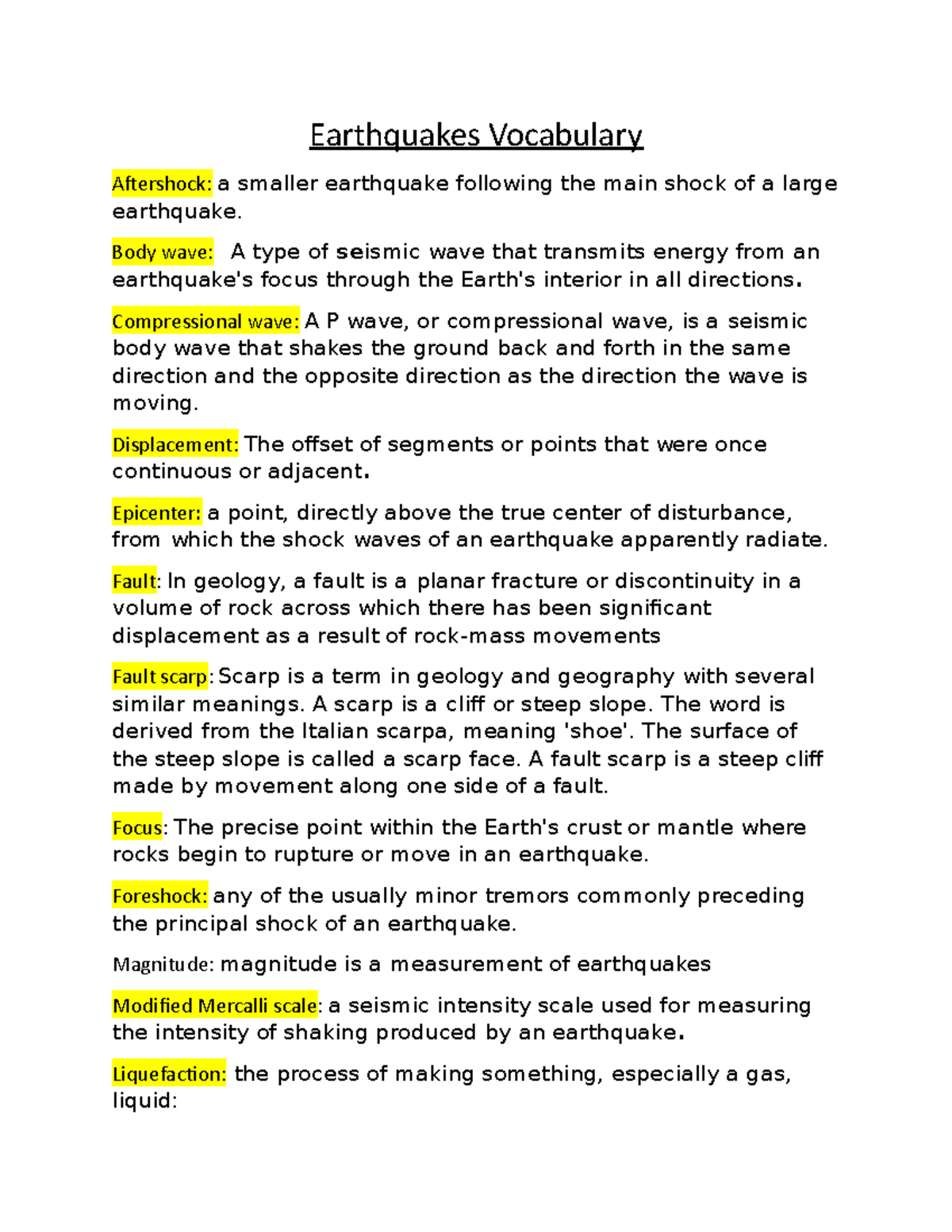Earthquakes Vocabulary - Earthquakes Vocabulary Aftershock: a smaller ...