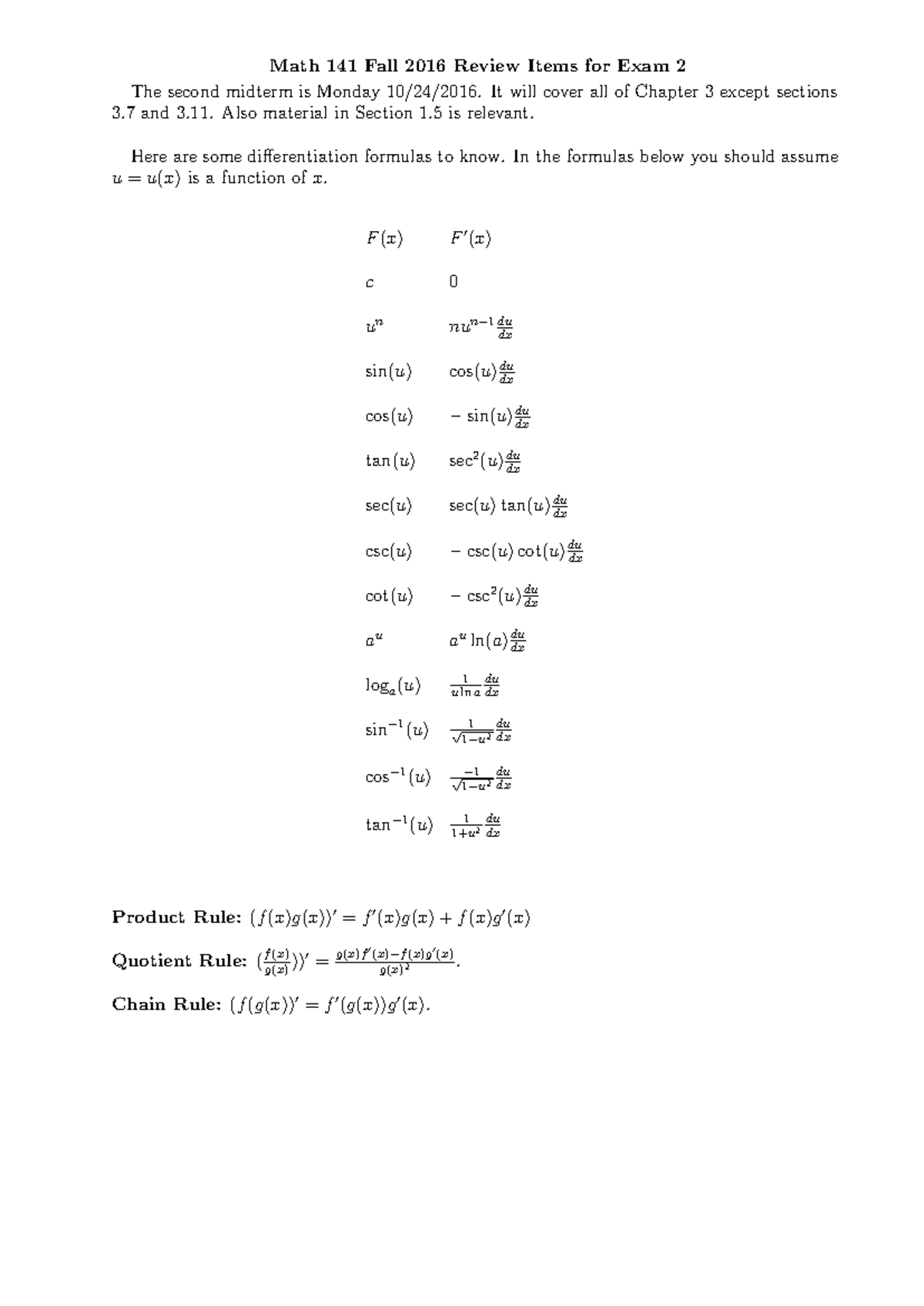 Exam2Review Sheet - Review for exam 2 - Math 141 Fall 2016 Review Items ...