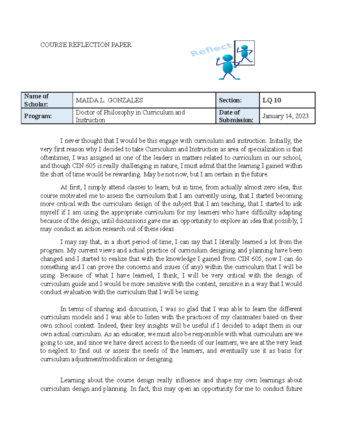 Final Reflection paper CIN 605 Gonzales, Maida L - COURSE REFLECTION ...