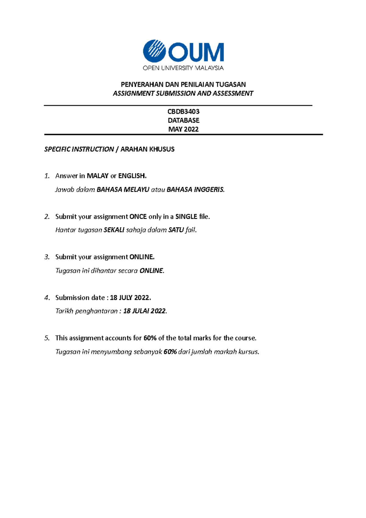 CBDB3403 - Database - ASSIGNMENT QUESTION - PENYERAHAN DAN PENILAIAN TUGASAN ASSIGNMENT ...