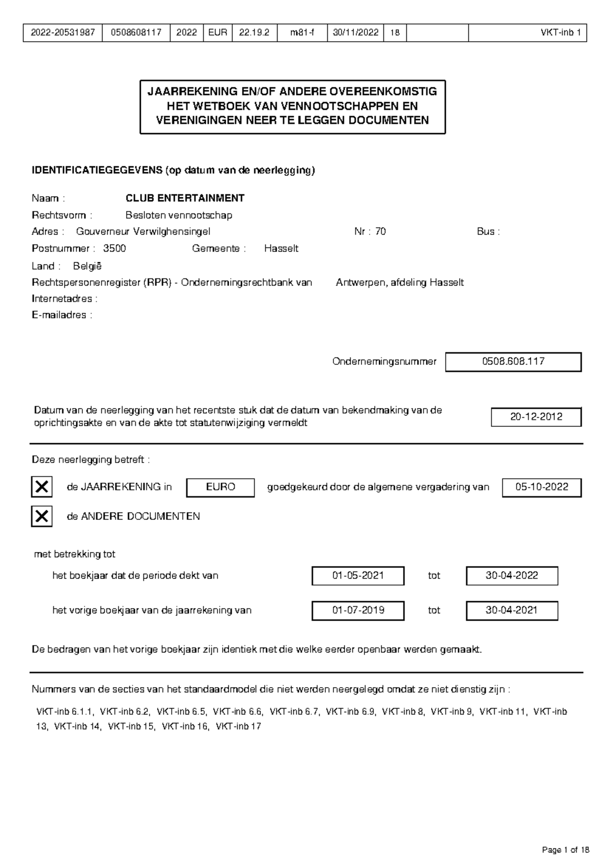 JR Versuz Hasselt (Club Entertainment BV) - JAARREKENING EN/OF ANDERE ...