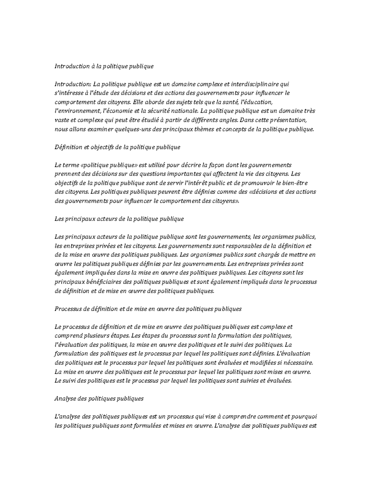 Topics in Public Policy Notes de cours - Introduction à la politique ...