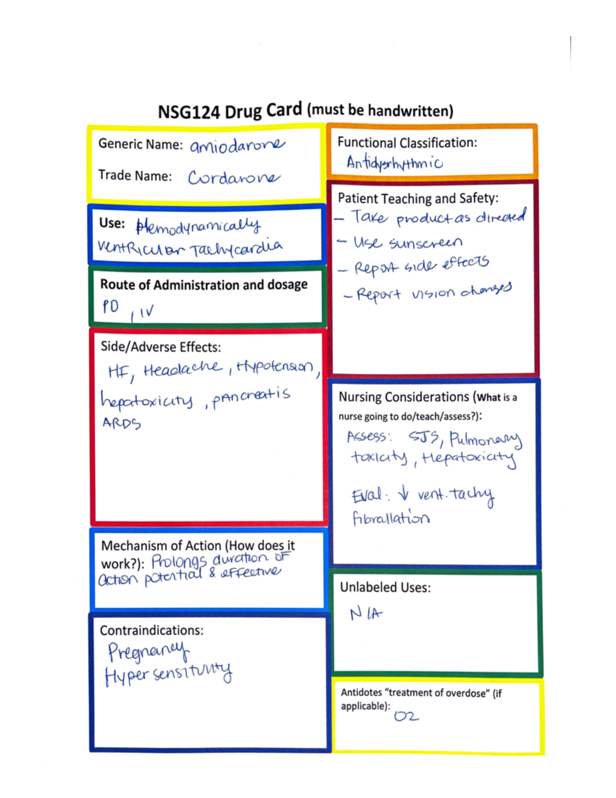 Amiodorone - DRUG CARD - NSG124 Drug Card (must be handwritten) Generic ...