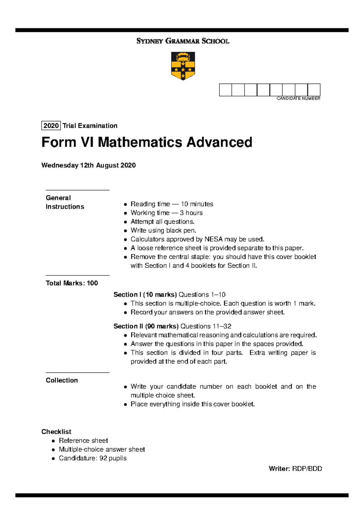 2020 Sydney Grammar School - Adv- Trial - Questions - CANDIDATE NUMBER ...