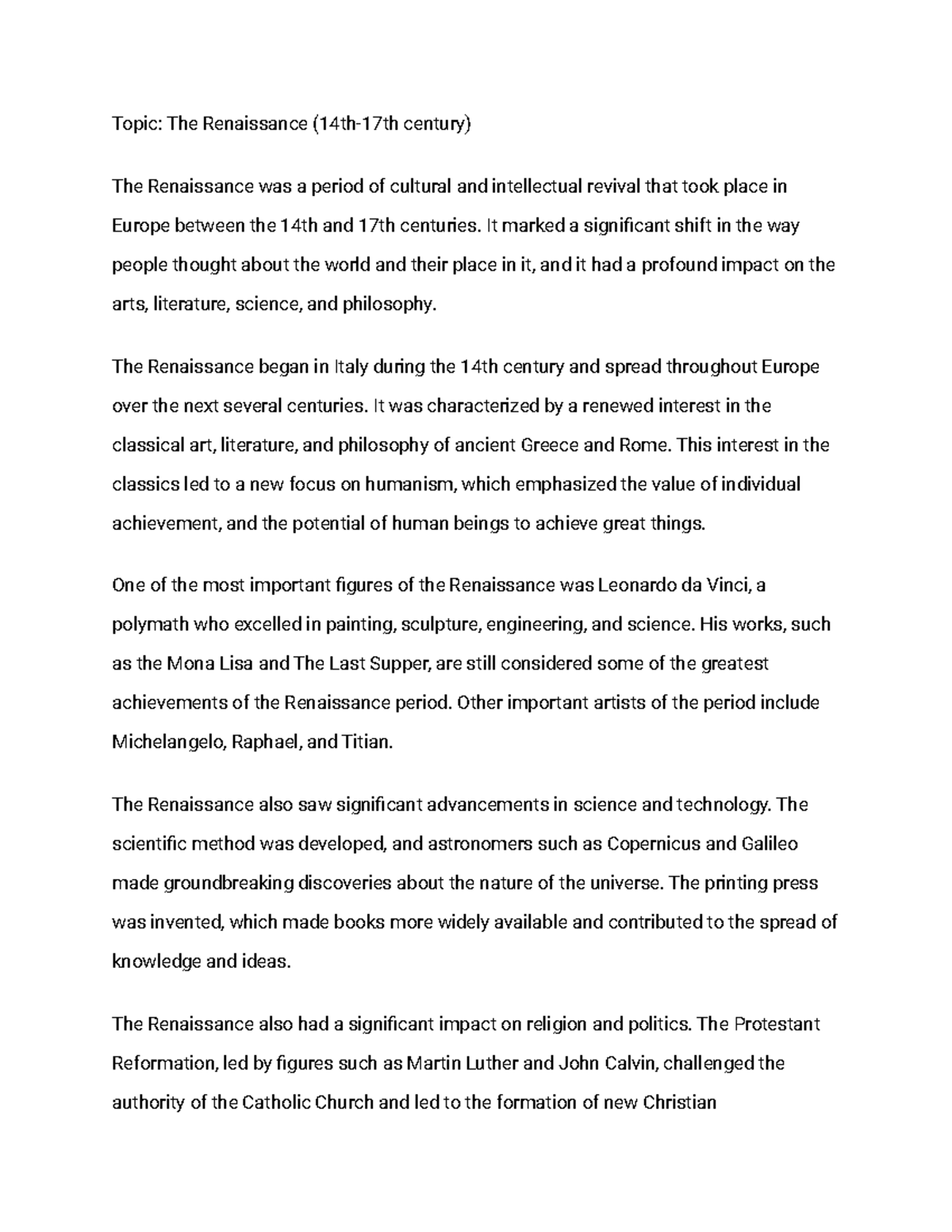 Topic The Renaissance (14th-17th century) - Topic: The Renaissance ...