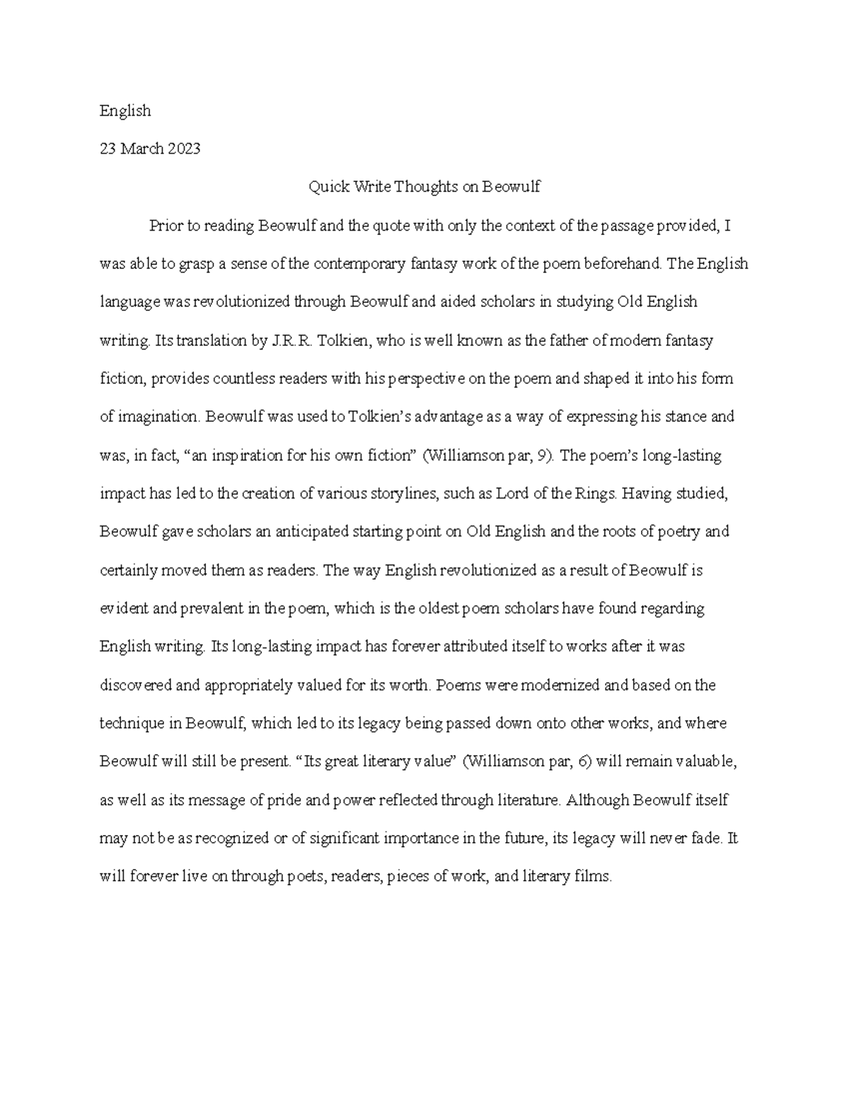 Thoughts on Beowulf - English 23 March 2023 Quick Write Thoughts on ...