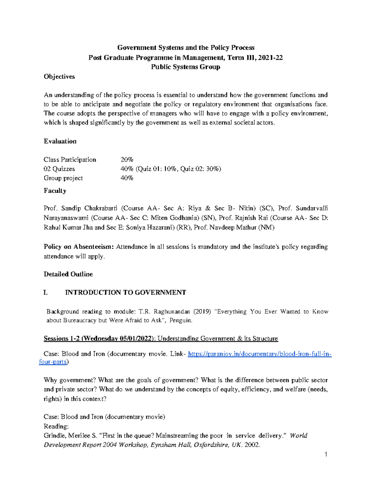 GSP Approved Outline 2021 - 1 Government Systems and the Policy Process ...