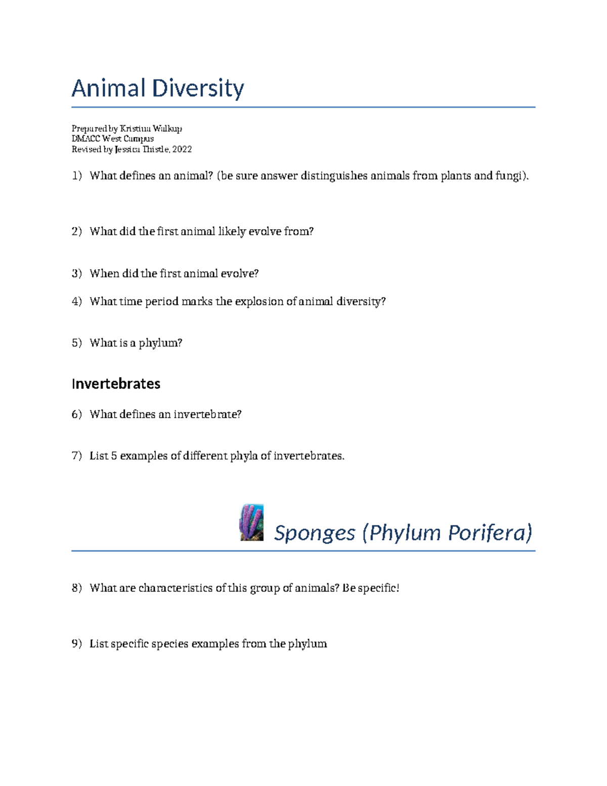 Animal Diversity Lab(1) - Animal Diversity Prepared by Kristina Walkup ...