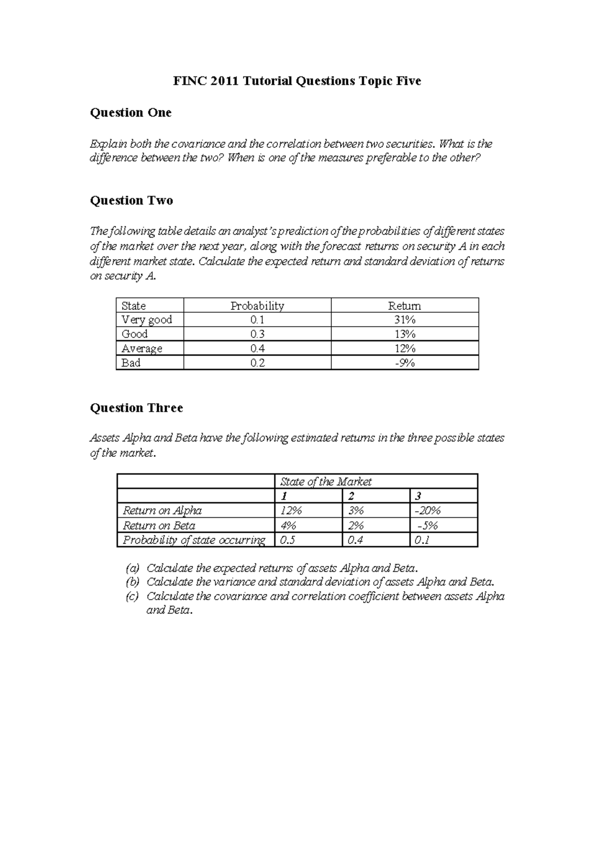 + Topic 5 FINC 2011 Tutorial Questions - FINC 2011 Tutorial Questions ...