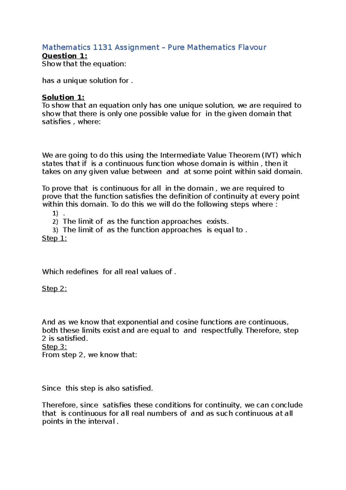 Mathematics 1131 Assignment - Mathematics 1131 Assignment – Pure Mathematics Flavour Question 1 ...