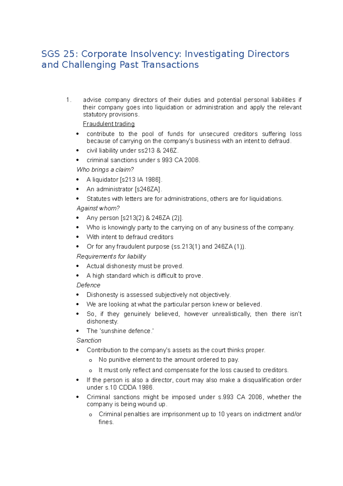SGS 25- Corporate Insolvency- Investigating Directors and Challenging Past Transactions - SGS 25 ...