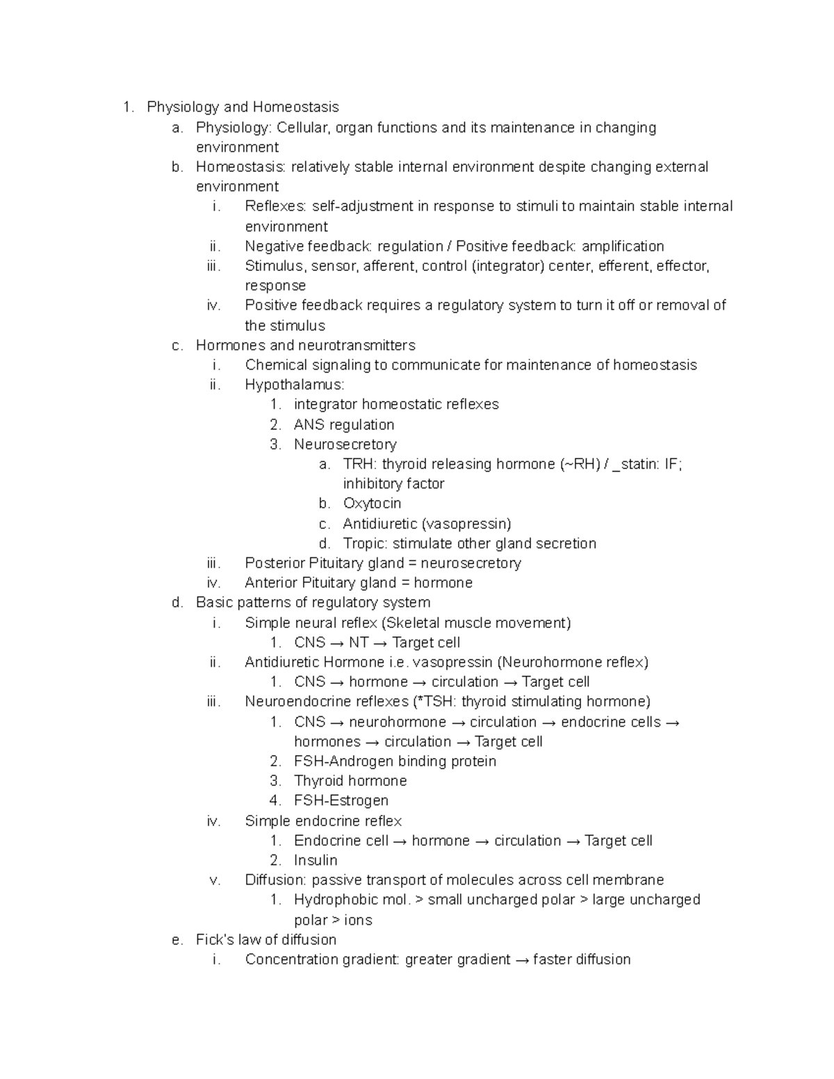 Fundamentals NOTES - Physiology and Homeostasis a. Physiology: Cellular ...