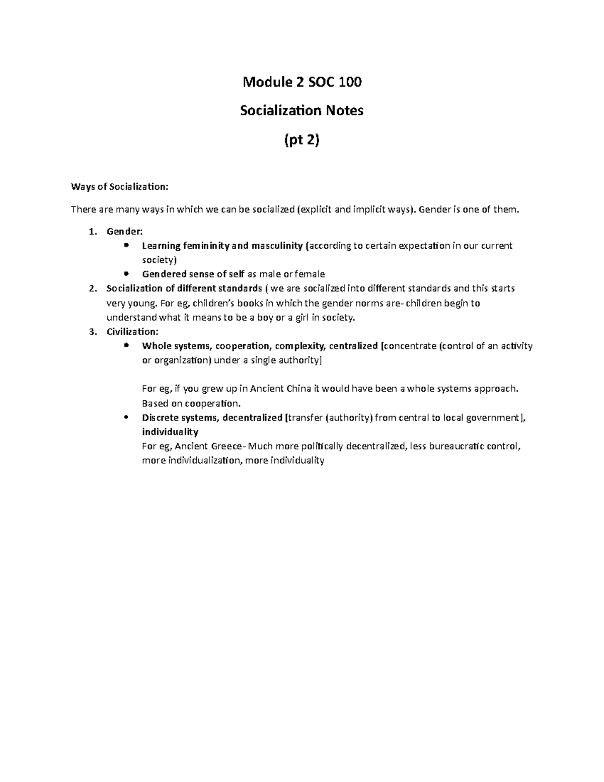 SOC 100 MOD 2 socialization pt 2 - Module 2 SOC 100 Socialization Notes ...