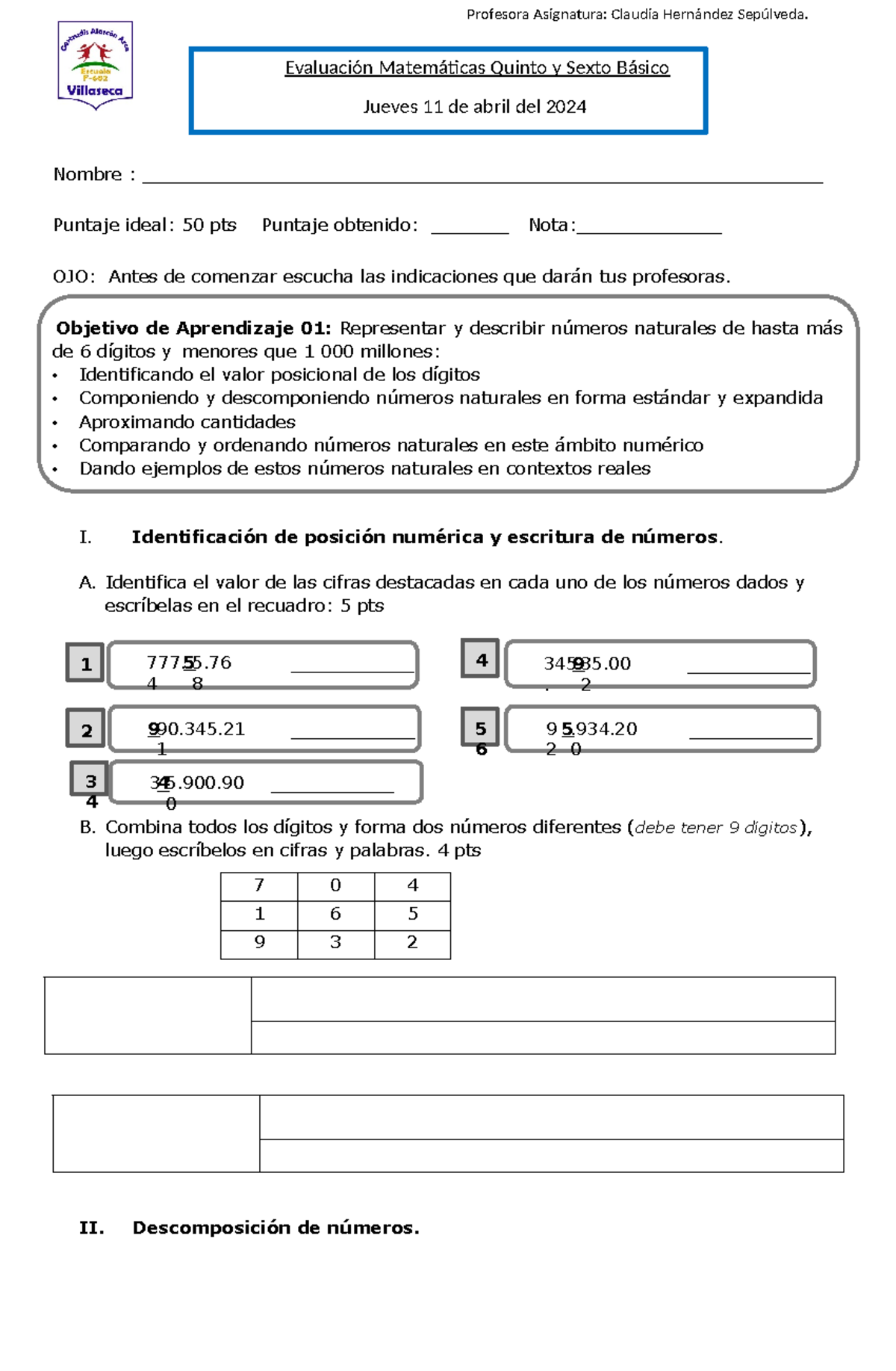 Prueba 1 quinto y sexto - Nombre