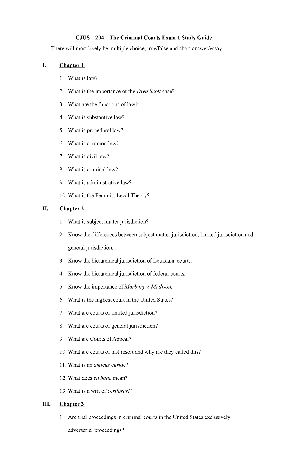 Criminal Courts Exam 1 Study Guide - I. Chapter 1 1. What is law? 2 ...