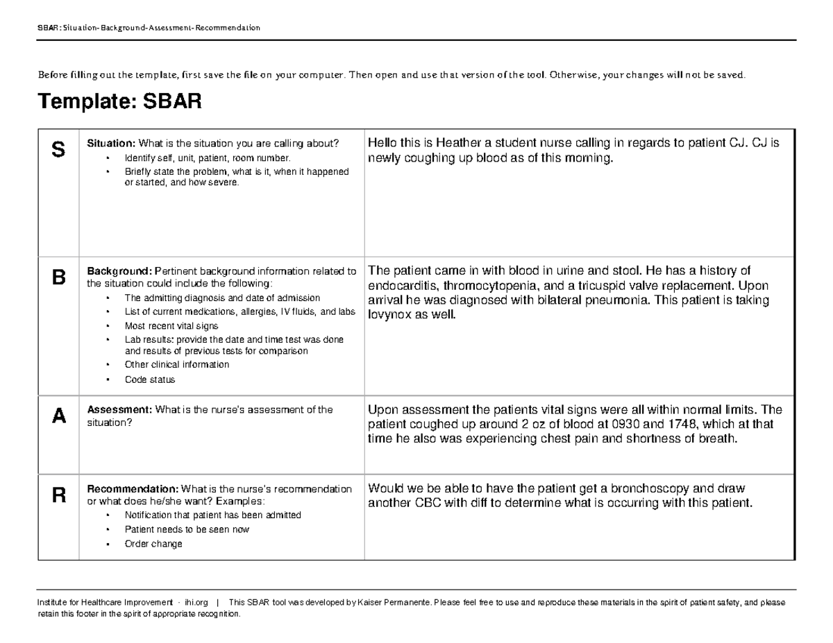 SBAR med surg - This is an SBAR report - SBAR: Situation-Background ...