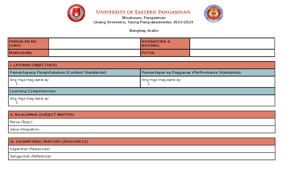 Lesson Plan Template (Filipino) - Unang Semestre, Taong Pang-akademiko ...
