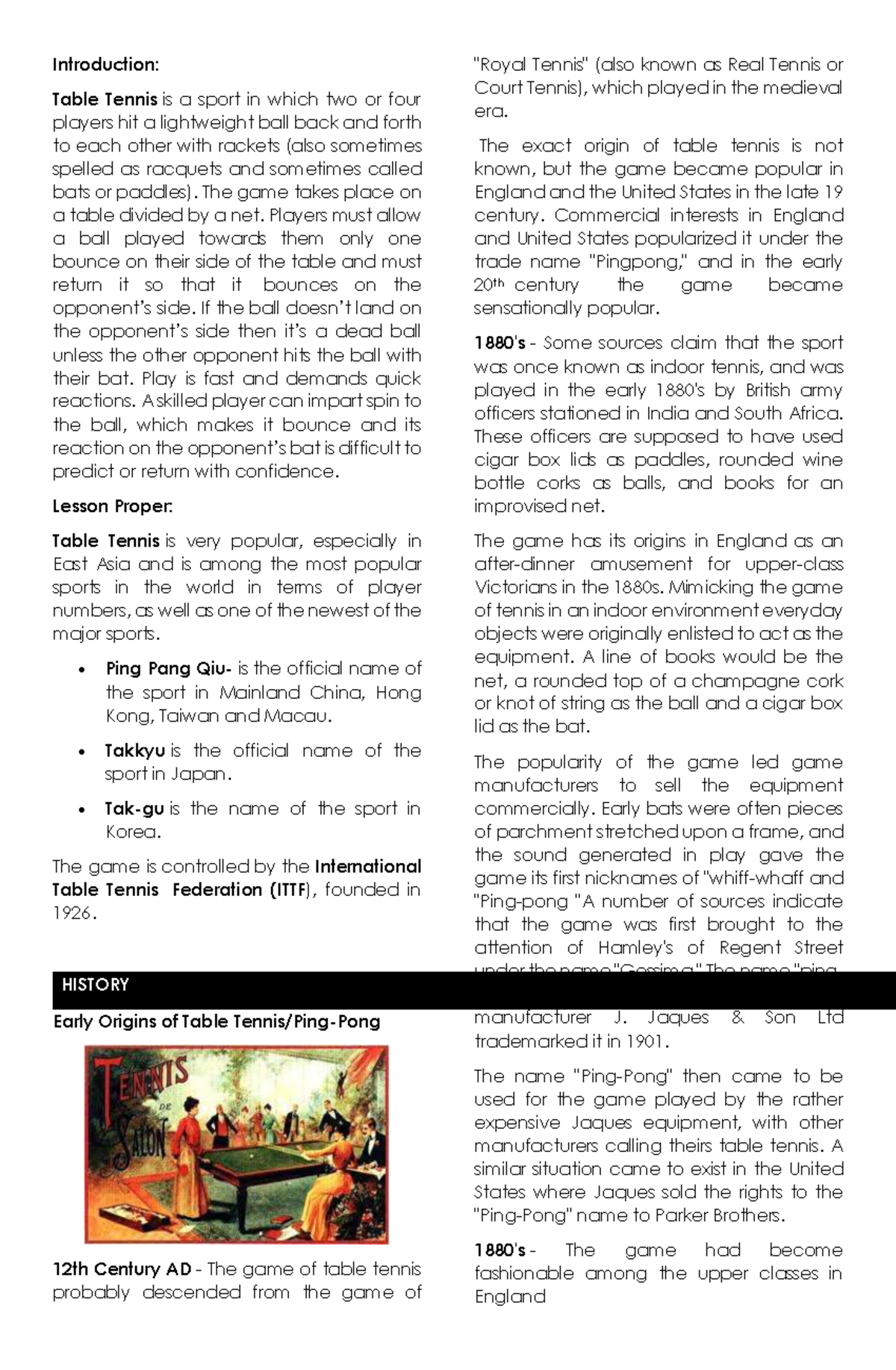 Table-Tennis - Table-Tennis - Introduction: Table Tennis is a sport in ...