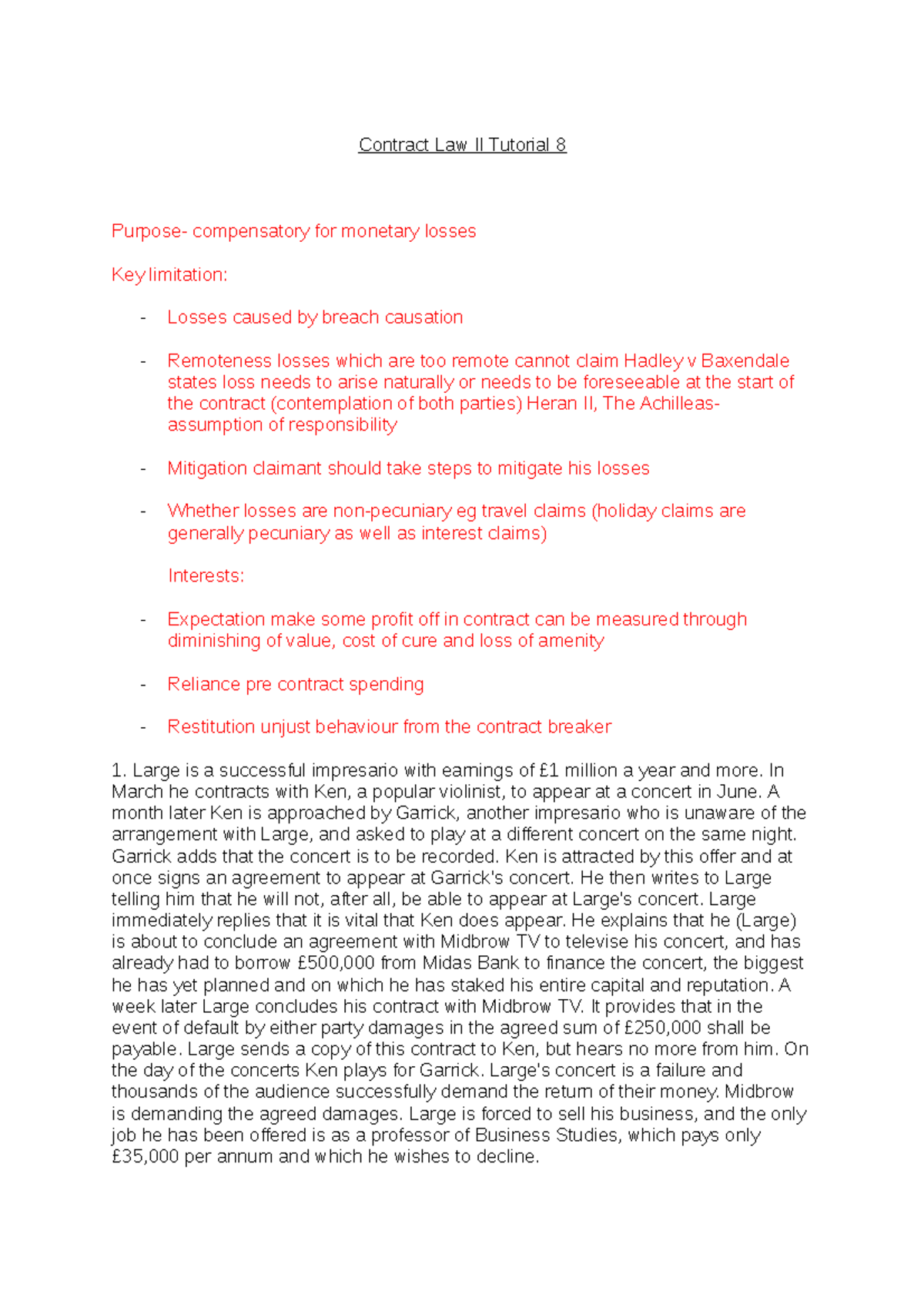 Contract Law II Tutorial 8 - In March he contracts with Ken, a popular violinist, to appear at a ...