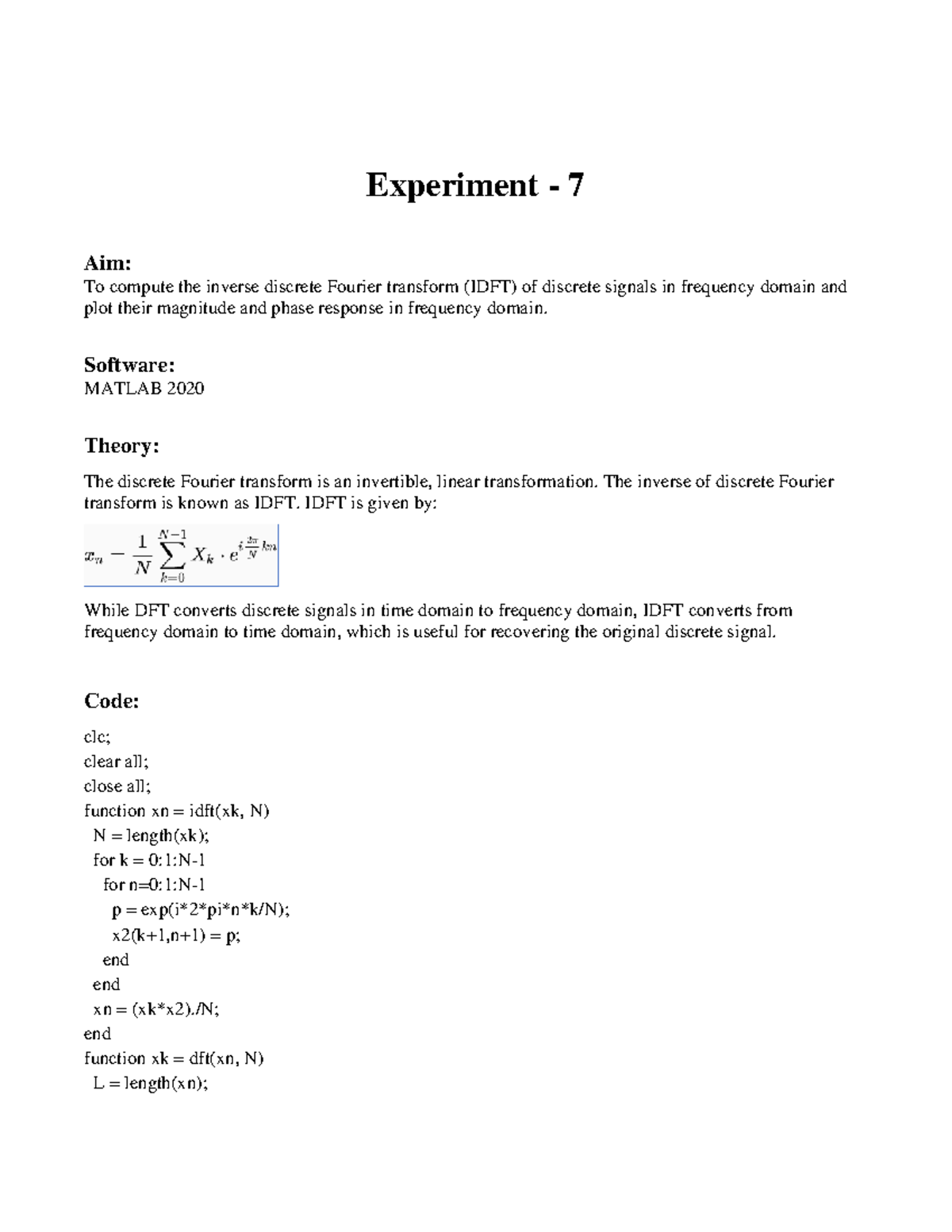 DSP Lab- Experiment 7 - Experiment - 7 Aim: To compute the inverse ...