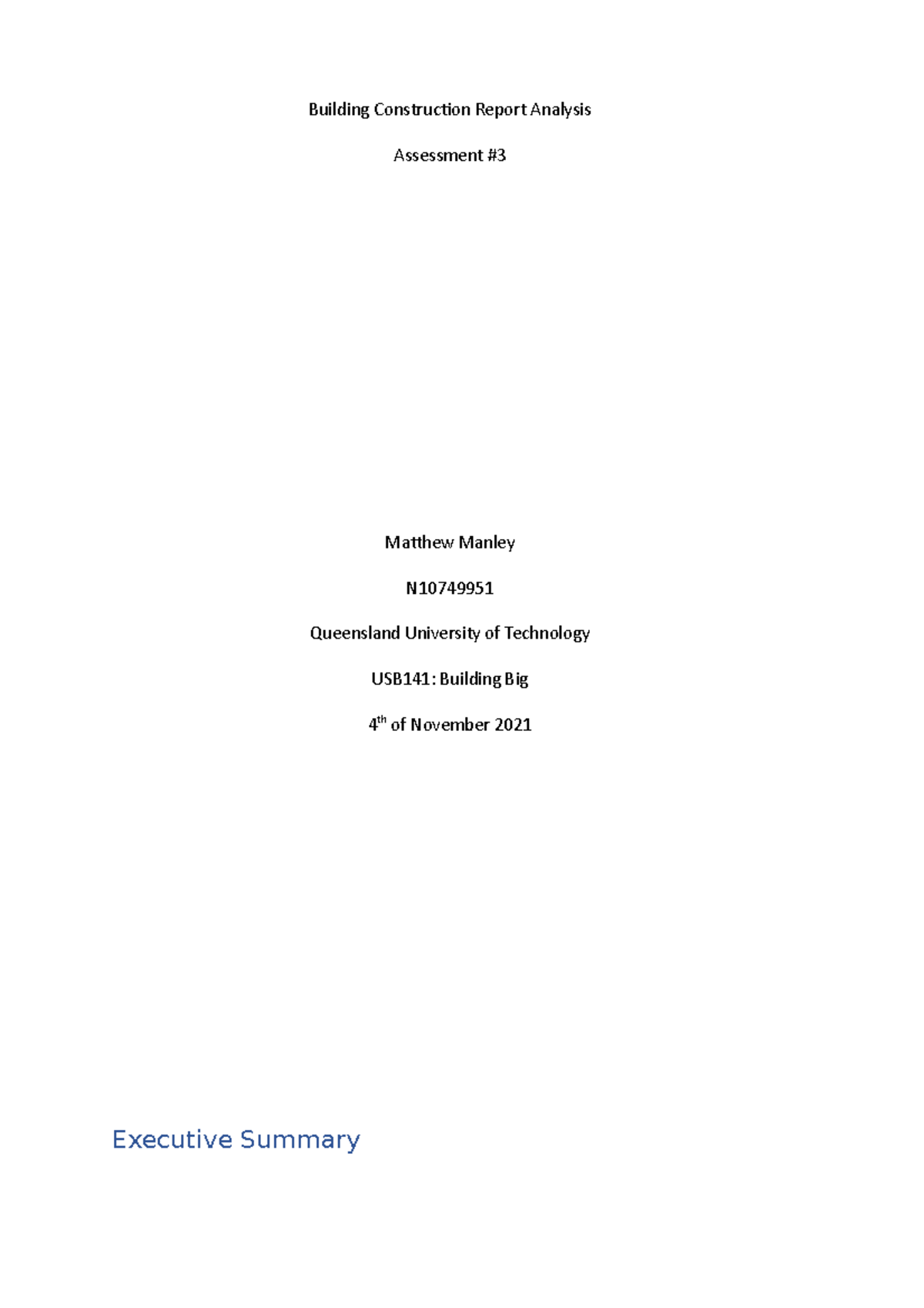 USB141 Building Construction Analysis - Executive Summary Building ...