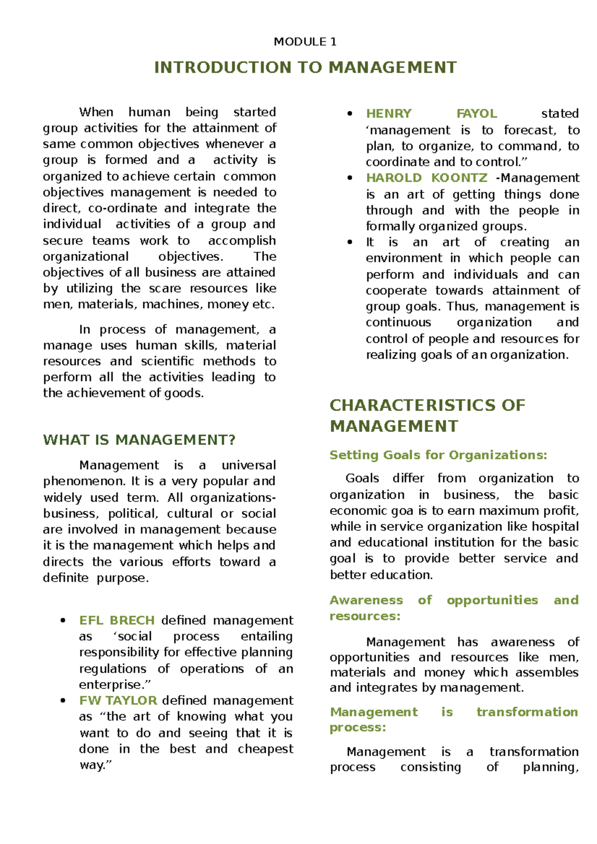 MGT- Module copy - notes - MODULE 1: MANAGEMENT AND CHARACTERISTICS ...