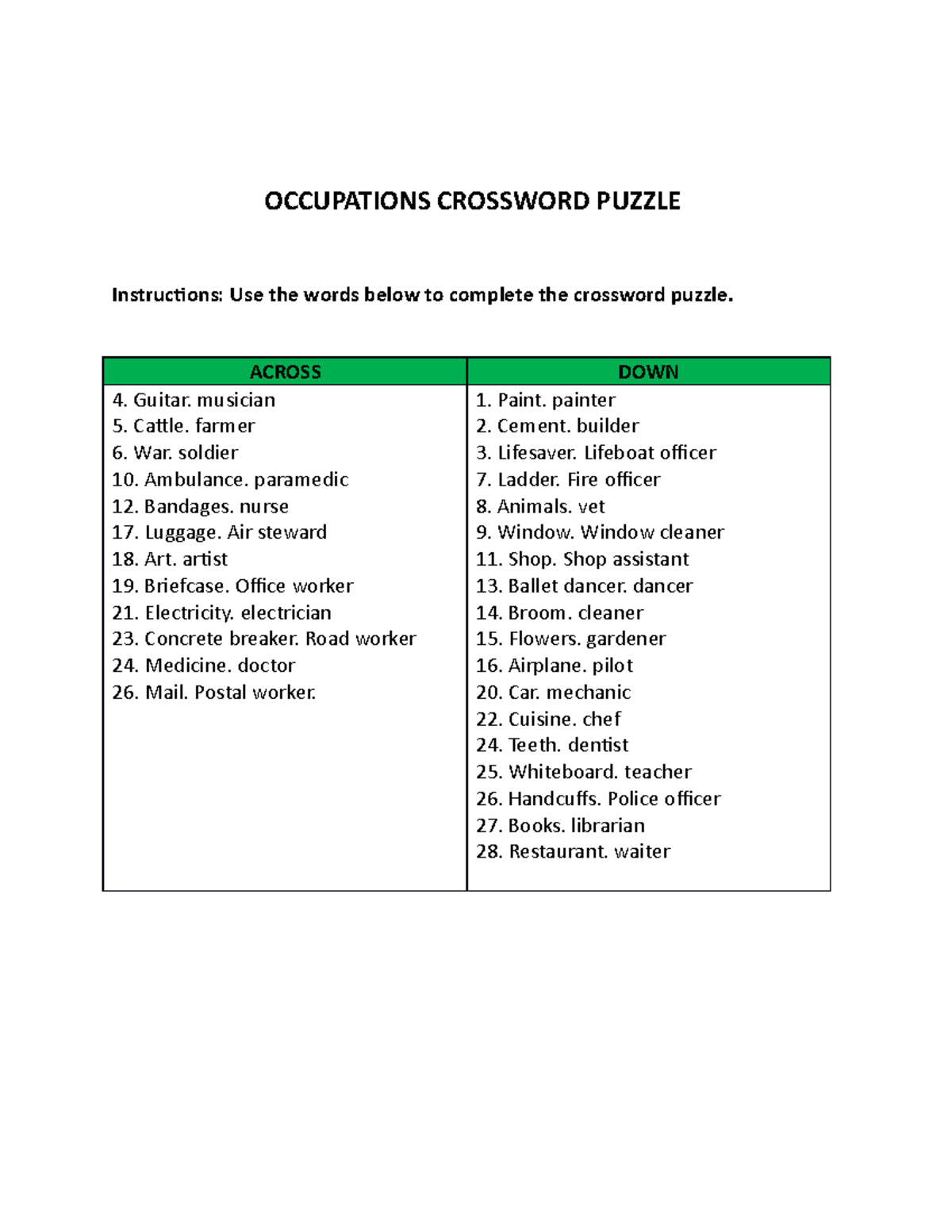 Occupations Crossword Puzzle - OCCUPATIONS CROSSWORD PUZZLE ...