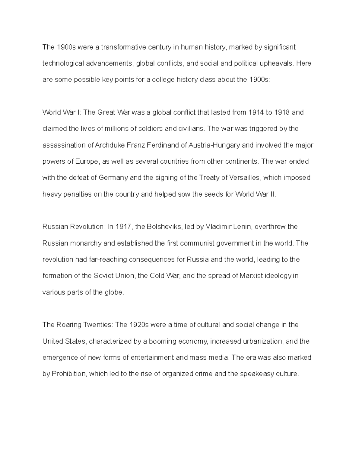 Answer Key College History Class the 1900s - The 1900s were a ...