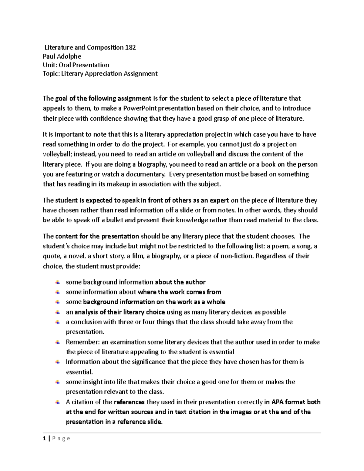 Literary Appreciation Assignment - It is important to note that this is ...