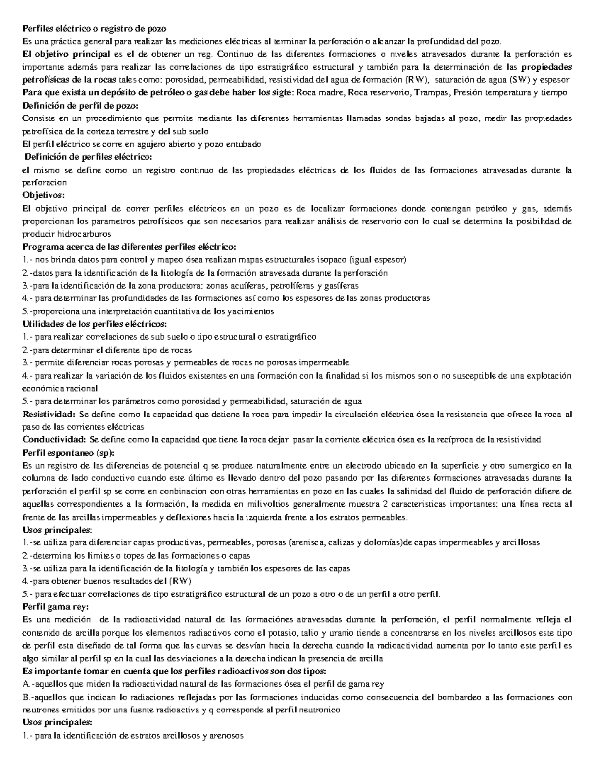 Perfiles eléctrico o registro de pozo - El objetivo principal es el de ...